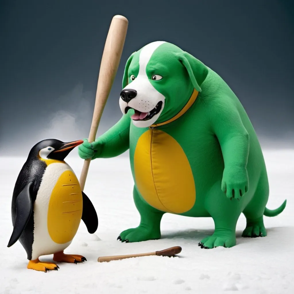 a big bald green dog hitting penguins with a bat