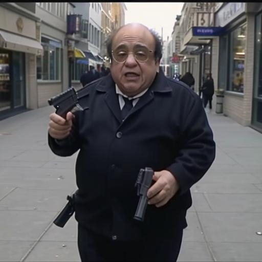cctv photo of danny devito robbing a store with a gu...