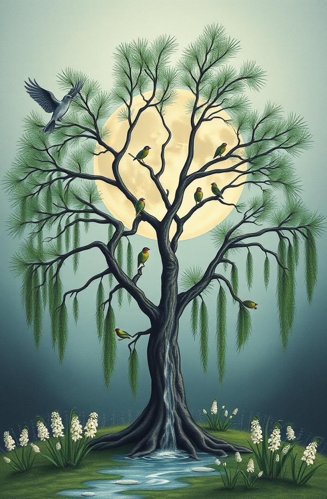 Draw me a picture of a cypress tree with a full moon...