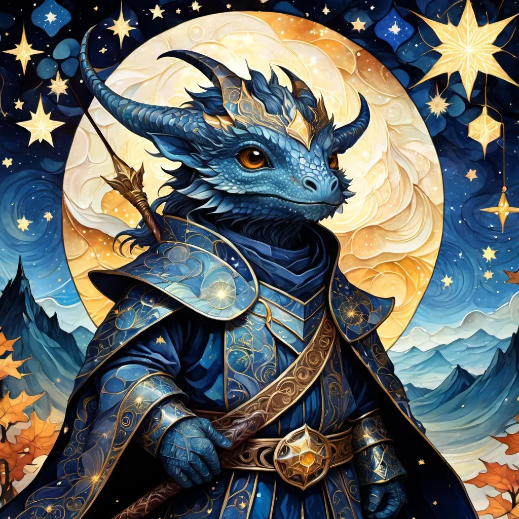 an adorable chibi dragonborn wizard, dark starry nig...