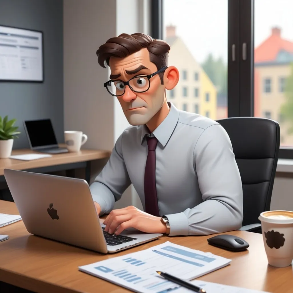 Create a cartoon-style image of a business owner sit...
