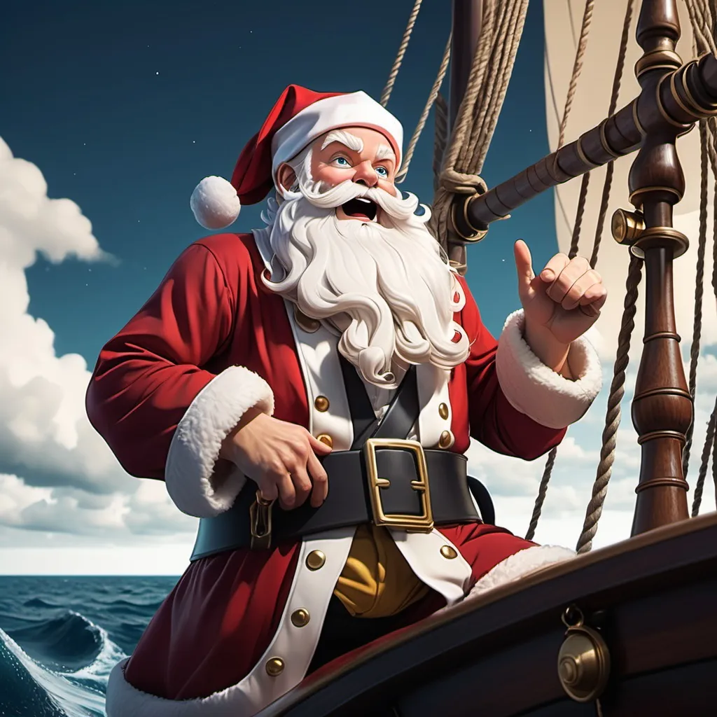 Santa Claus as a pirate ship captain sailing the sev...