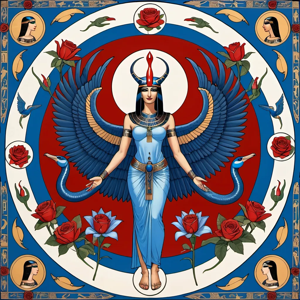 the goddess isis with wings out hovering over a circ...