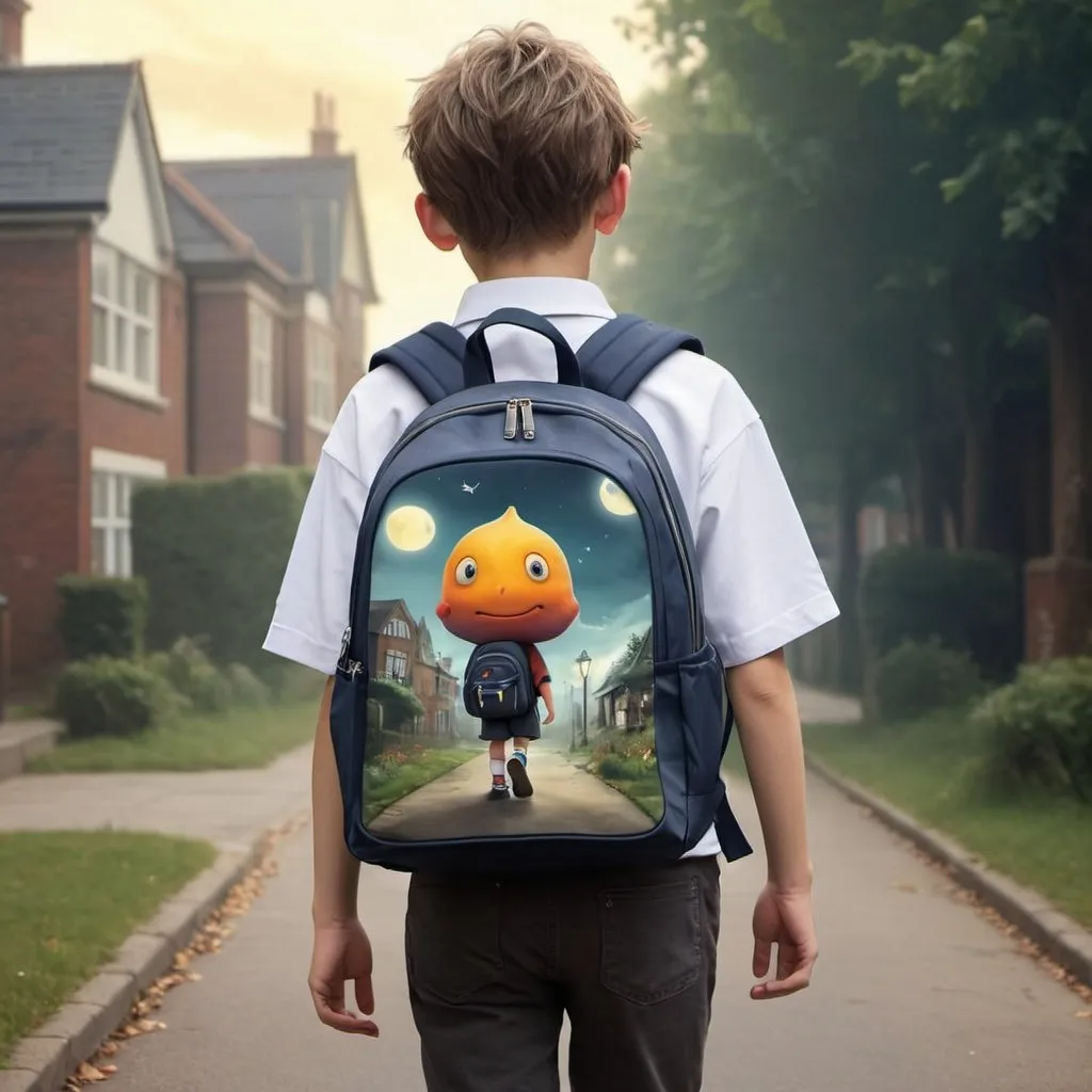 Fantasy boy school bag on back walking home looking...