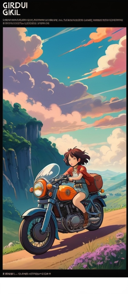 2d studio ghibli anime style, girl on motorcycle, an...