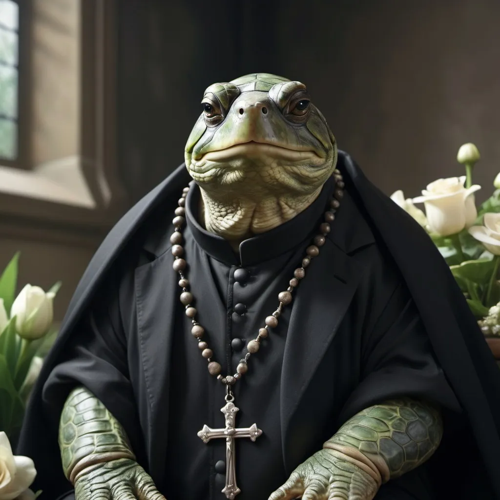Photo-realistic turtle dressed as a priest and photo...
