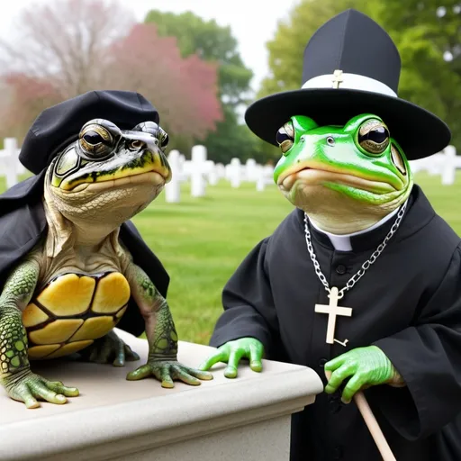 Photo-realistic turtle dressed as a priest and photo...