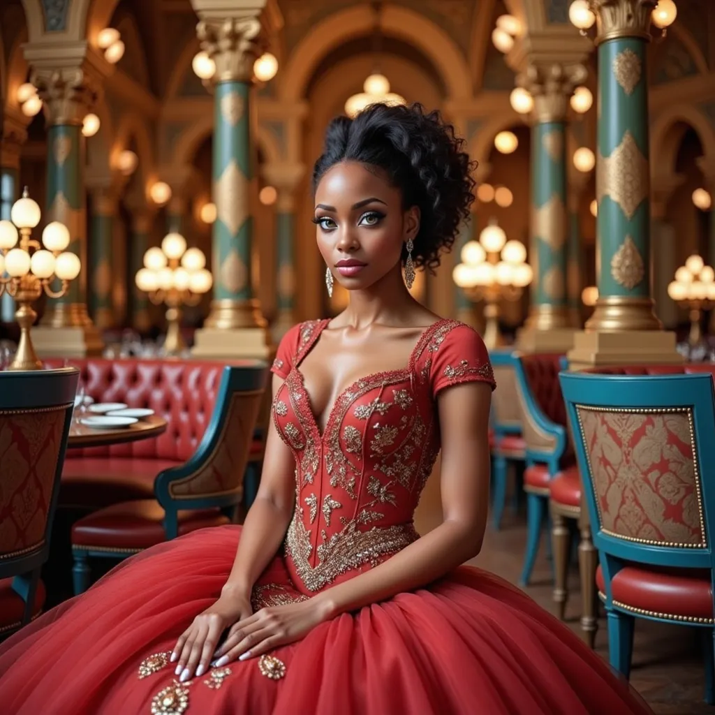 In an opulent interior adorned with ornate pillars a...