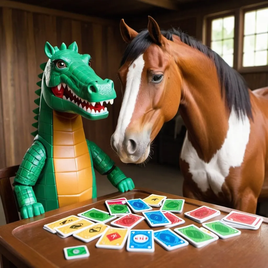 a horse with a crocodile play uno game
