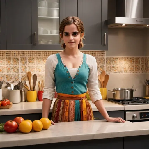 fat Emma Watson conservative housewife in a kitchen,...