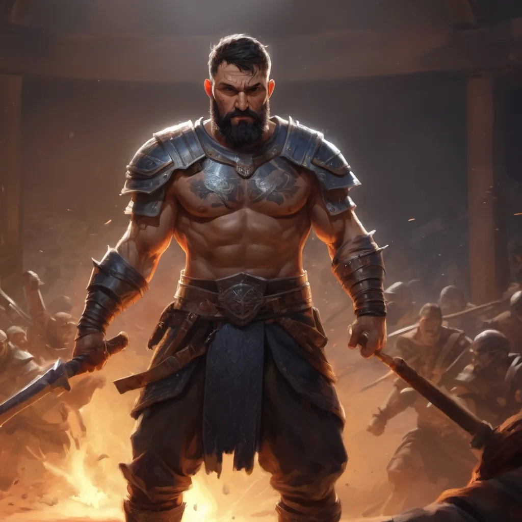 Male stocky mature gladiator with short-cut hair and...