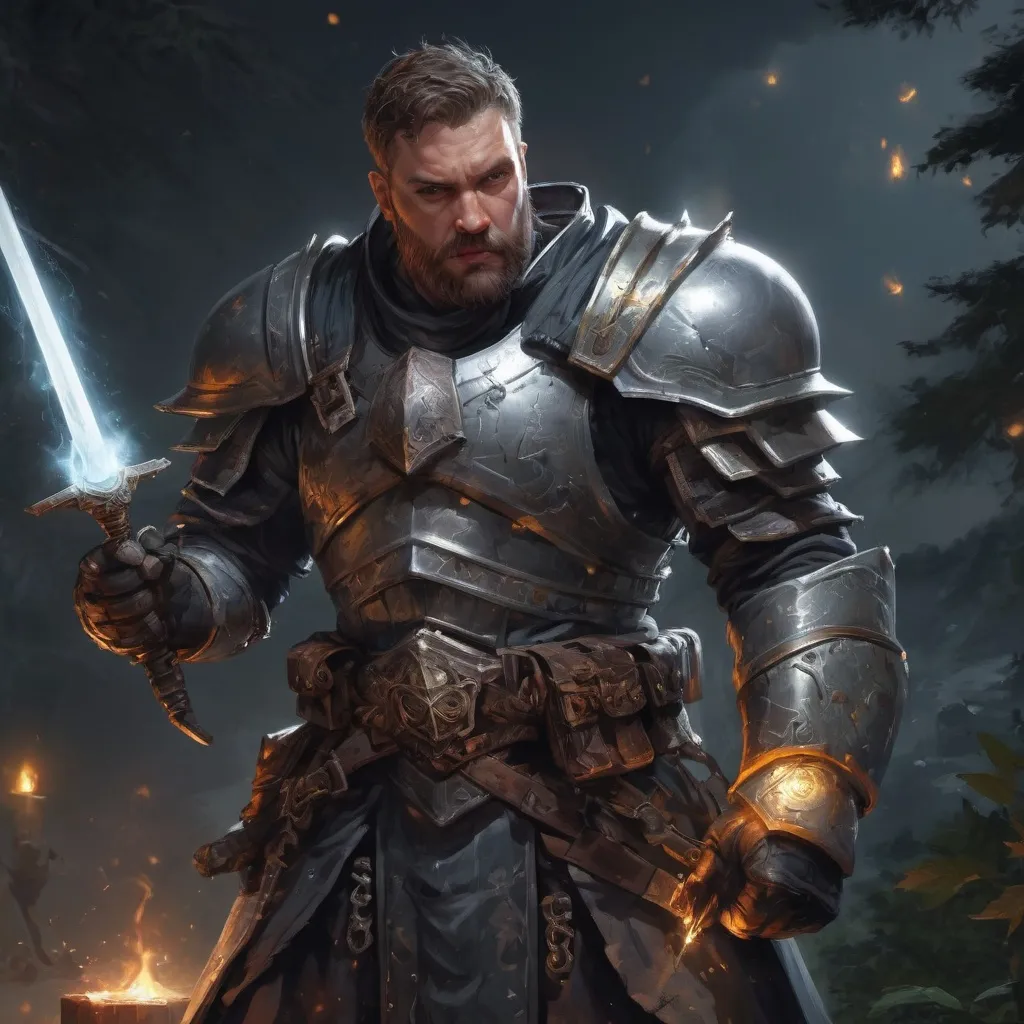 Male stocky large fat knight with short-cut hair and...