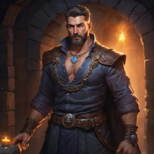 Male stocky mature muscular sorcerer with short-cut...