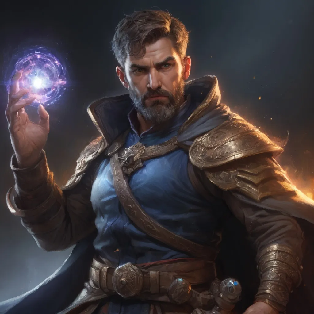 Male stocky large mature fit battle-mage with short-...