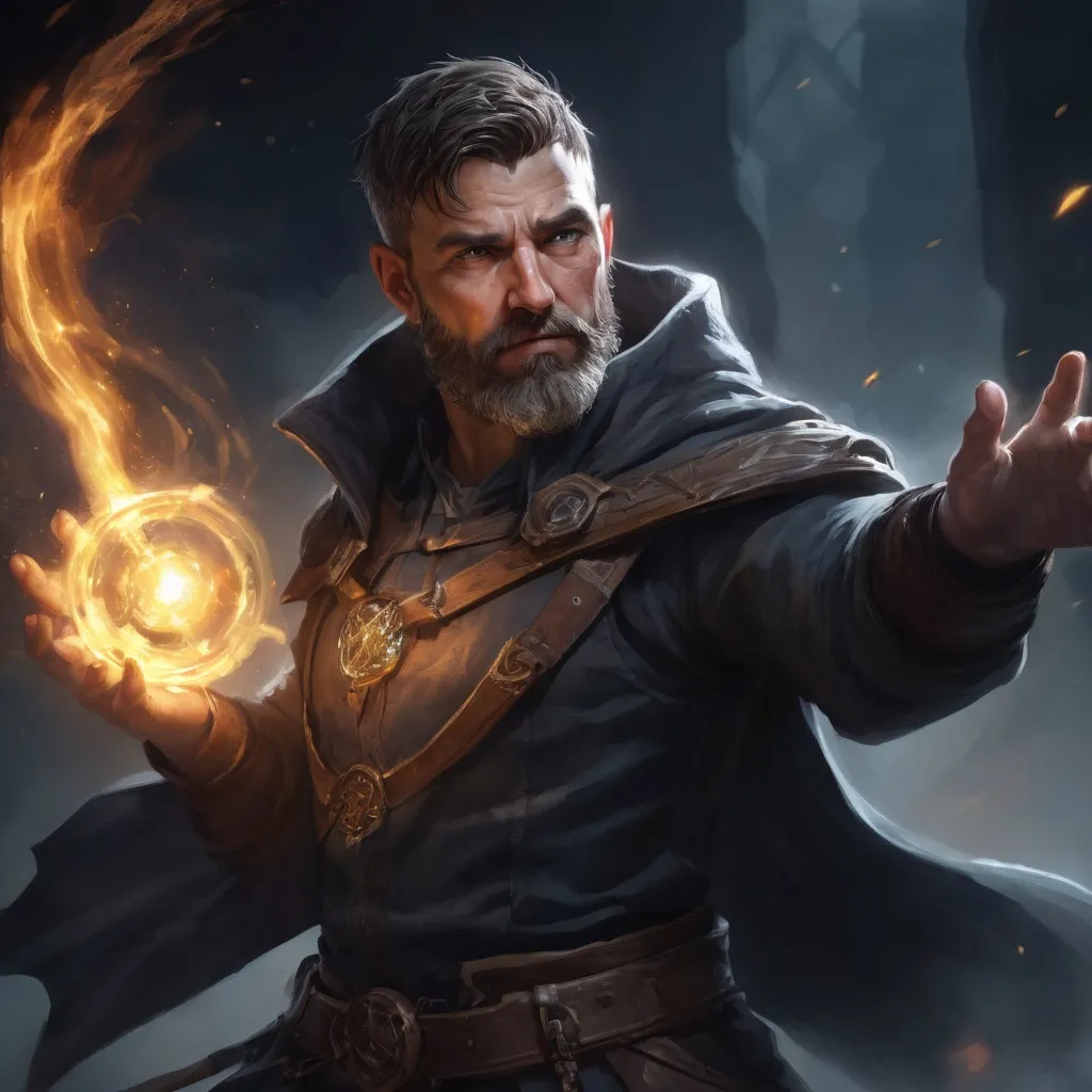 Male stocky large mature fit battle-mage with short-...