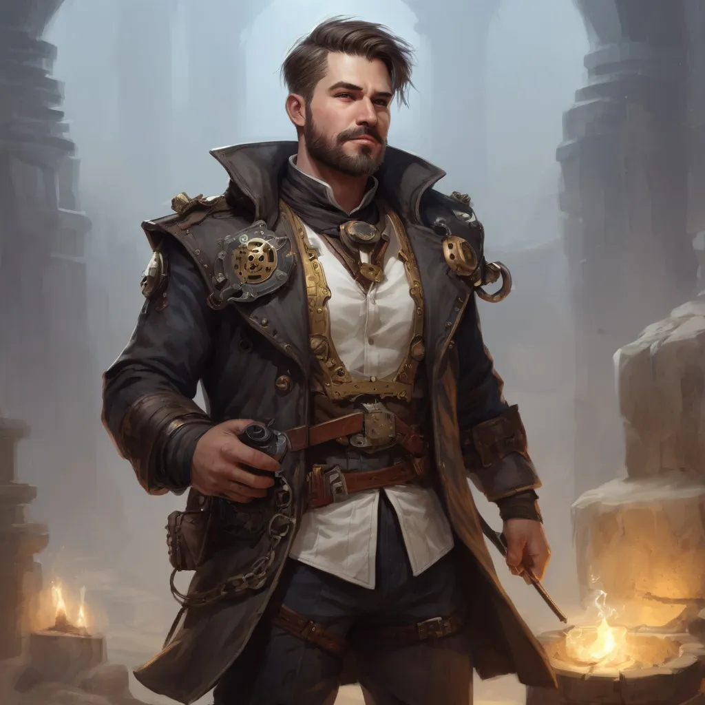 Male stocky heavy-set steampunk engineer with short-...