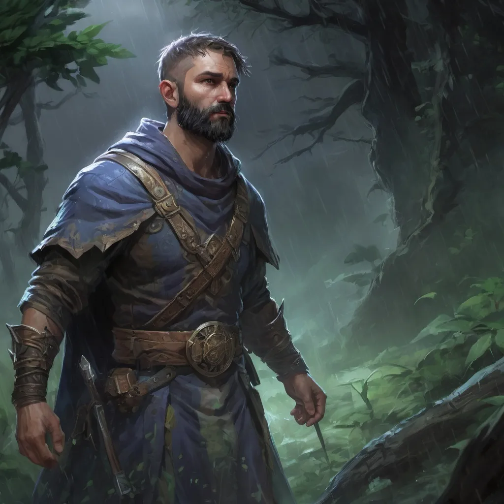 Male stocky heavy-set astral-druid with short-cut ha...