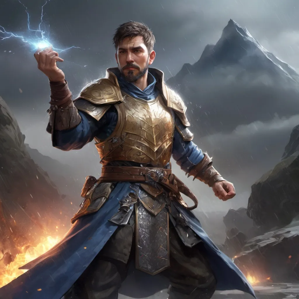 Male stocky large battle-mage with short-cut hair an...