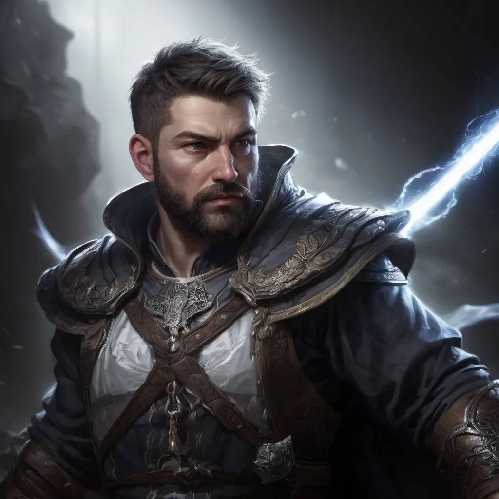 Male stocky large mature fit battle-mage with short-...