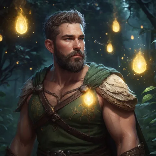 male stocky fat muscular druid with short hair and b...