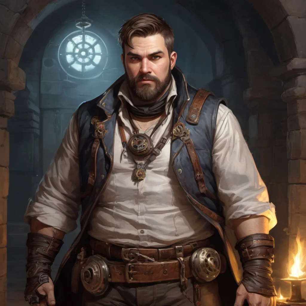 Male stocky heavy-set steampunk engineer with short-...