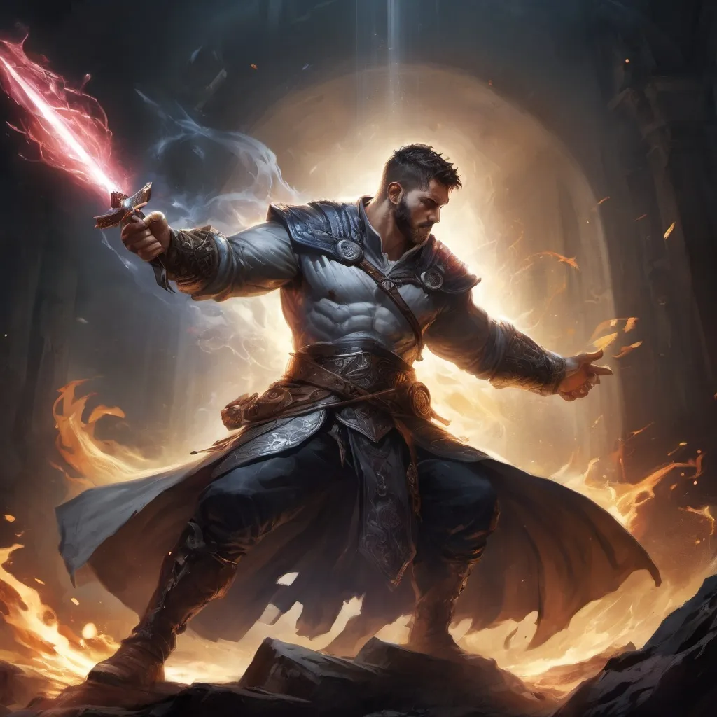 Male stocky large muscular battle-mage with short-cu...