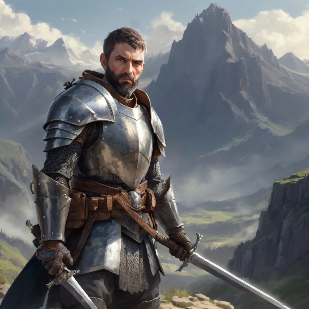 Male heavy-set mature knight with short-cut hair and...