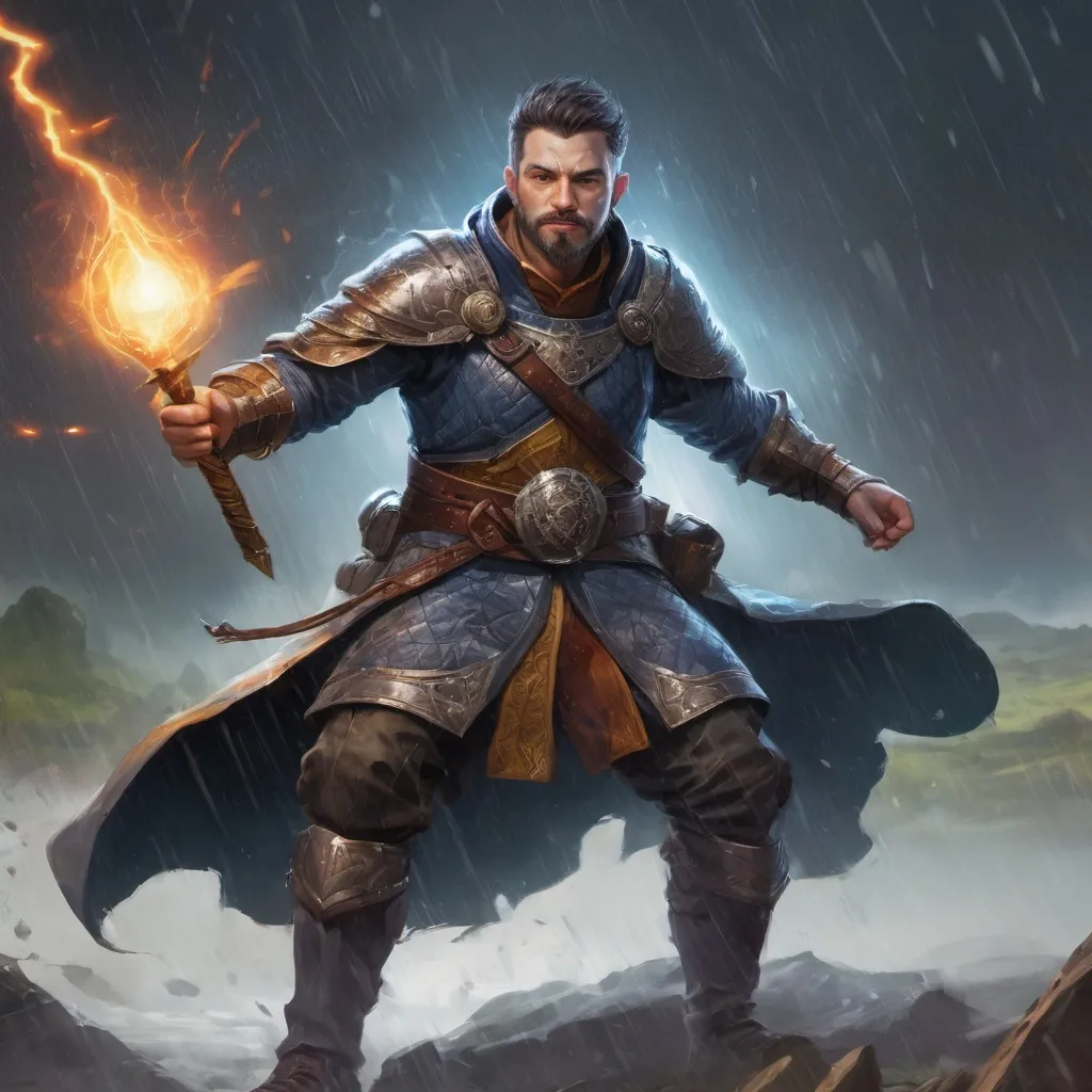 Male stocky large battle-mage with short-cut hair an...