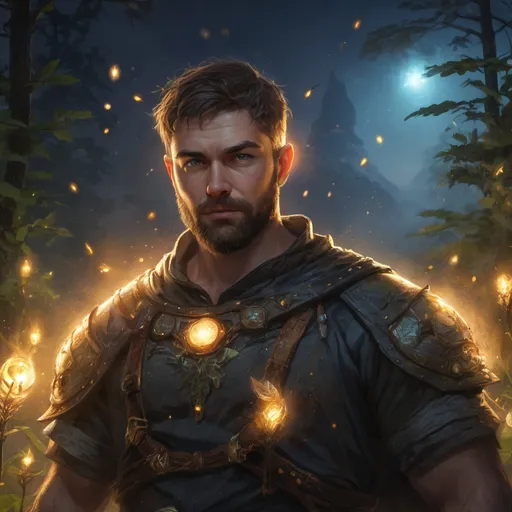 male stocky fat muscular druid with short hair and b...