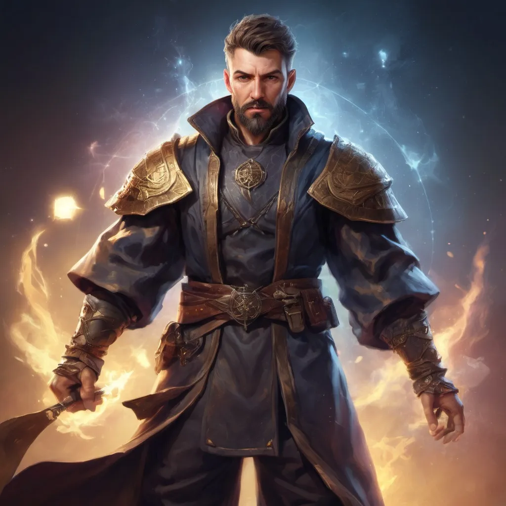 Male stocky mature spellcaster with short-cut hair a...