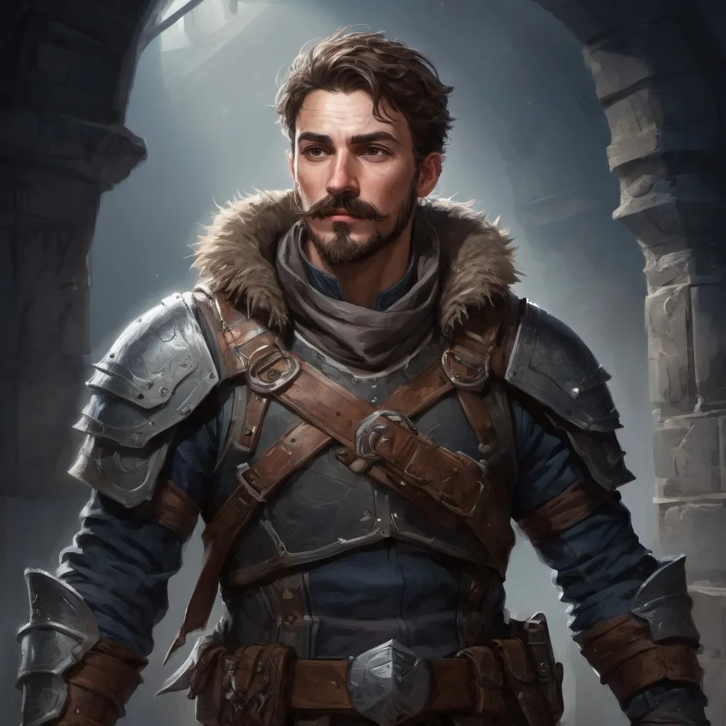 Male stocky hairy sneaky rogue in light armour with...