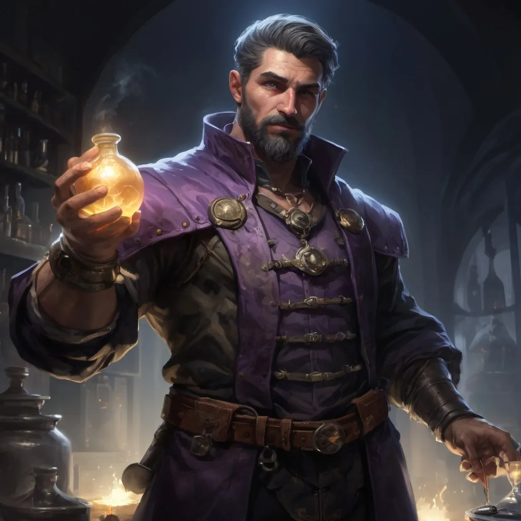 Male stocky large muscular royal alchemist with shor...