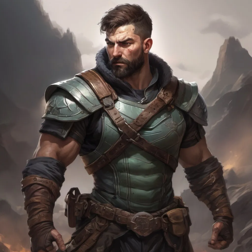 Male stocky muscular ranger-warrior with short-cut h...