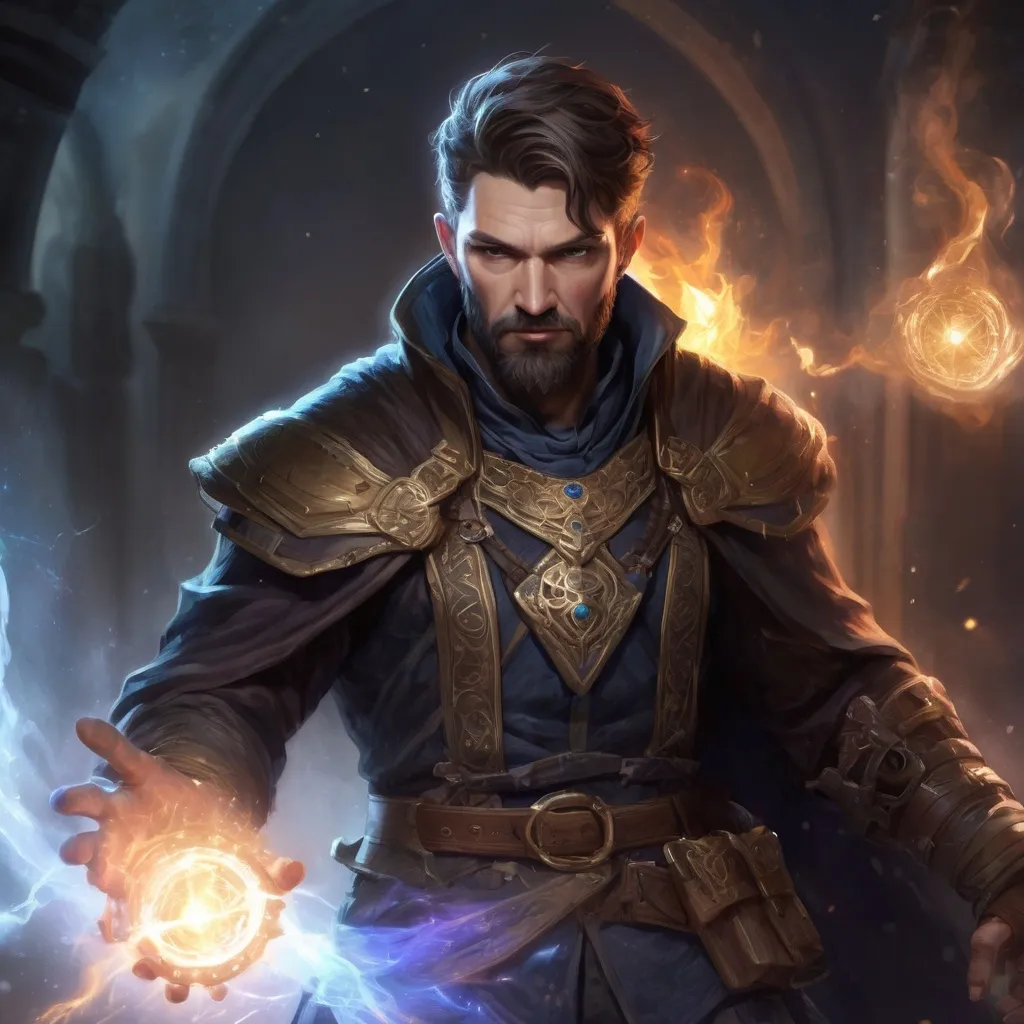 Male stocky mature spellcaster with short-cut hair a...