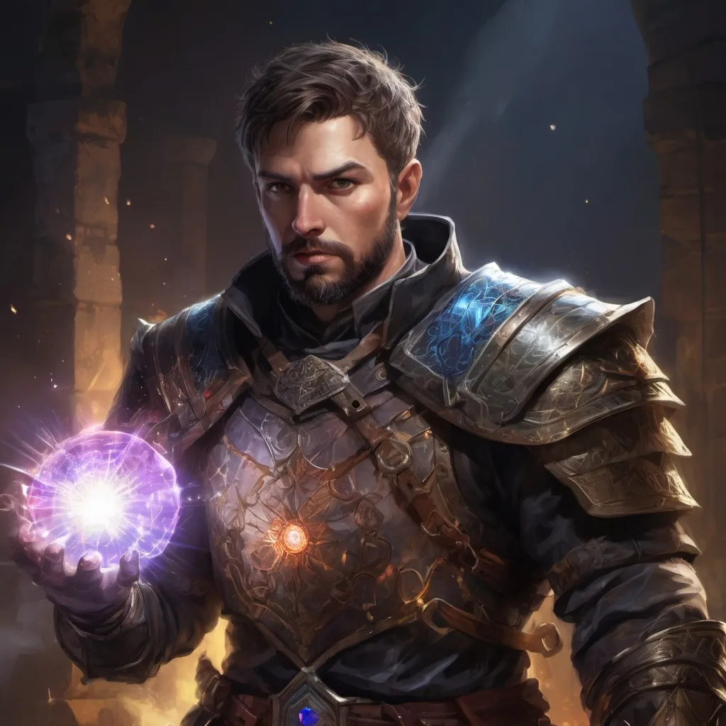 Male stocky large battle-mage with short-cut hair an...