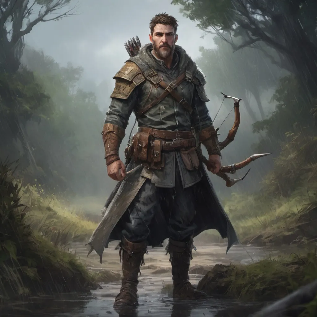 Male stocky heavy-set hunter-archer with short-cut h...