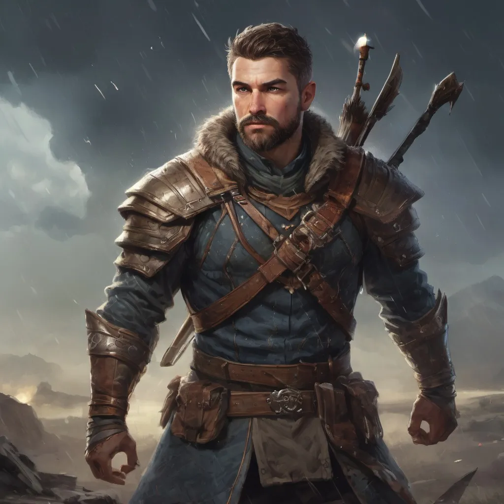 Male stocky heavy-set hunter-archer with short-cut h...