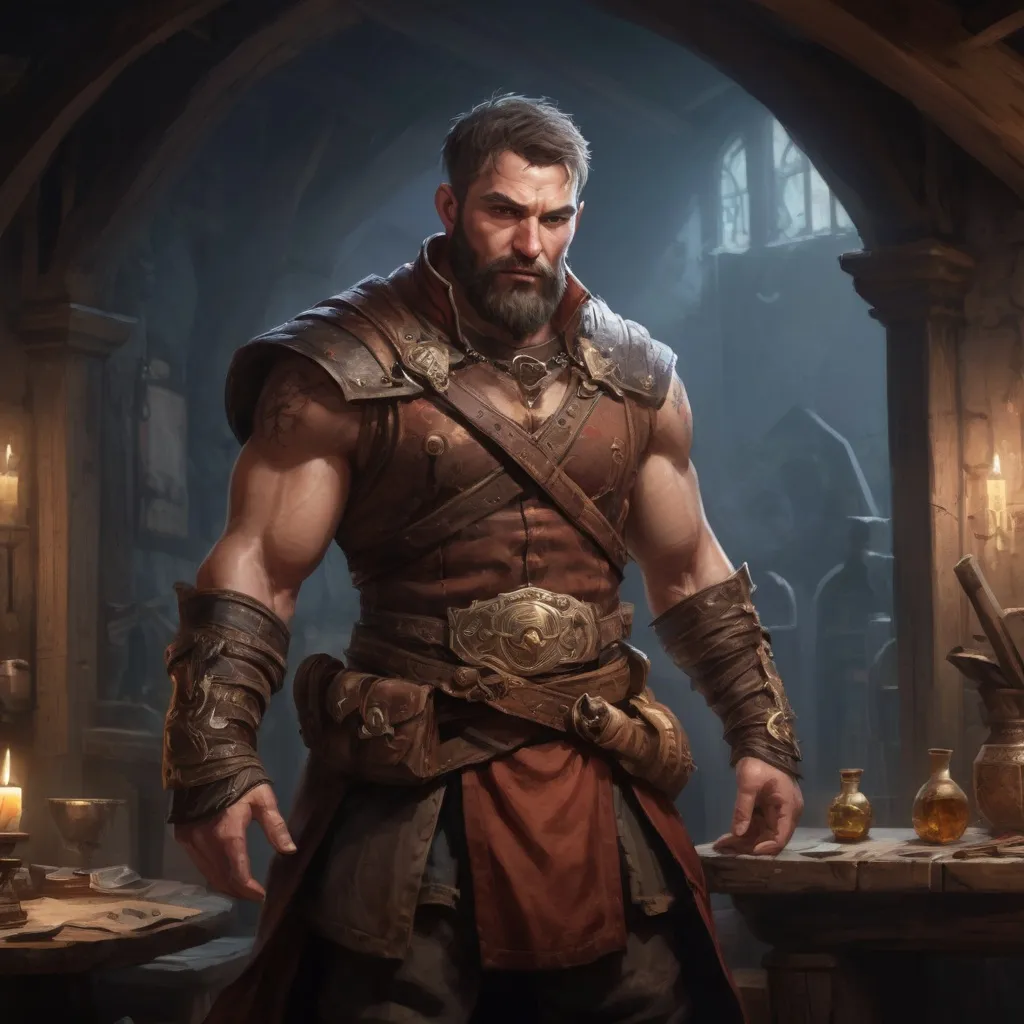 Male stocky large muscular royal bard with short-cut...