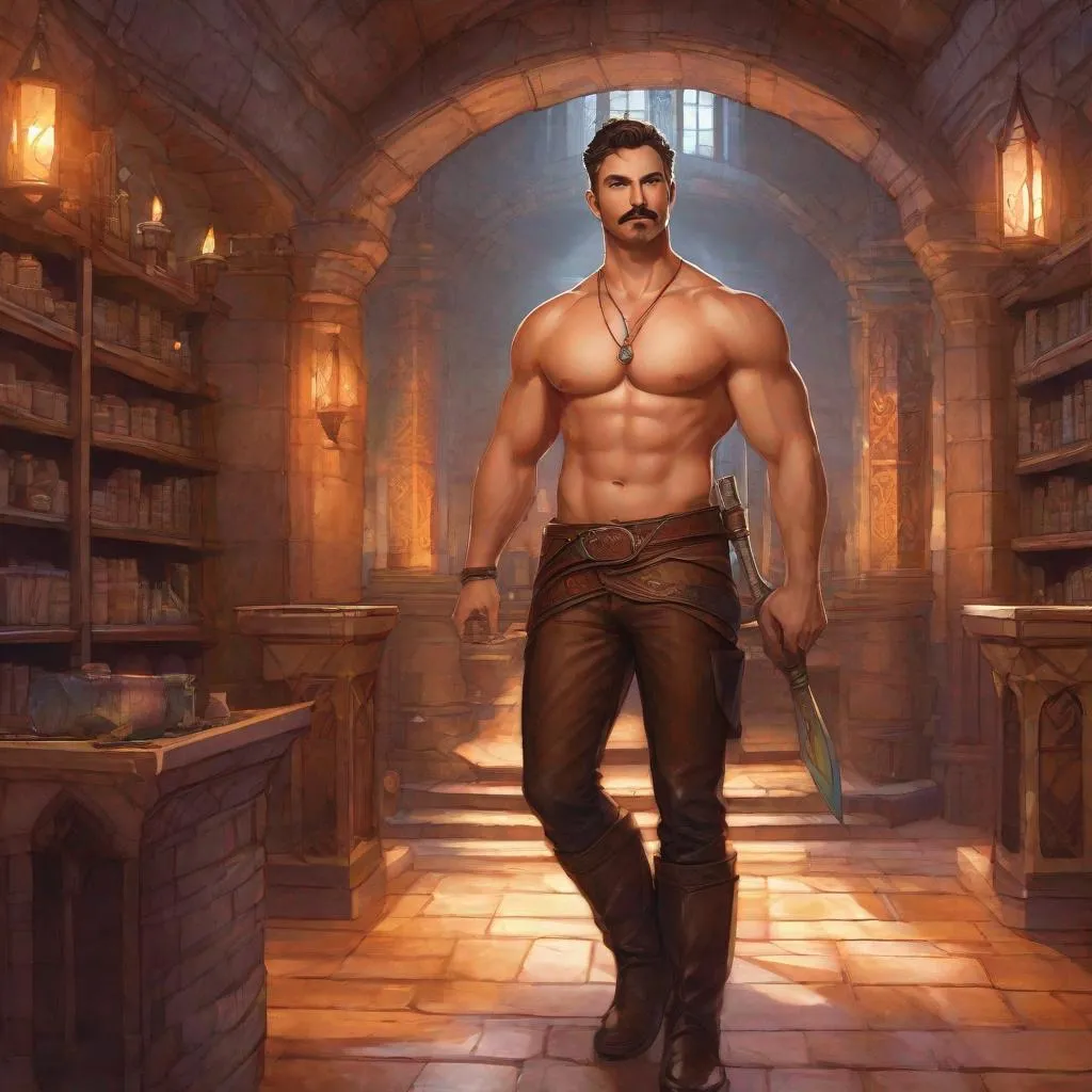 (Full body) A broad-chested large male magical inves...