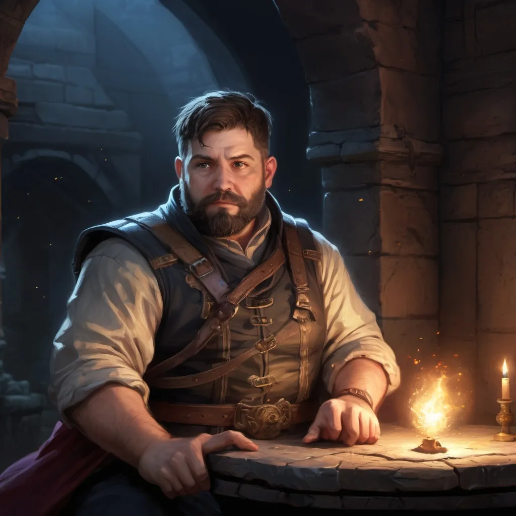 Male stocky heavy-set magical engineer with short-cu...