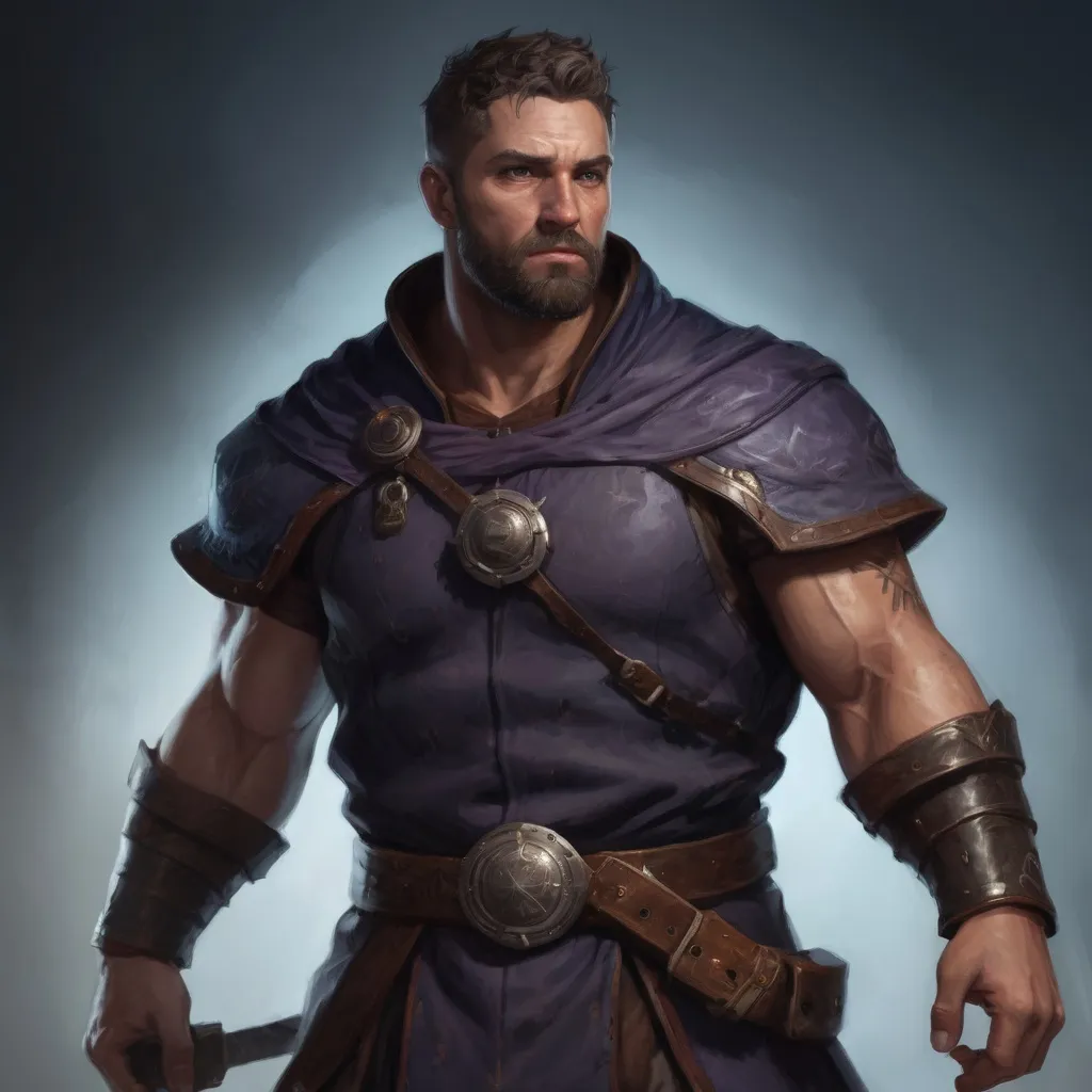 Male stocky large muscular sorcerer with short-cut h...