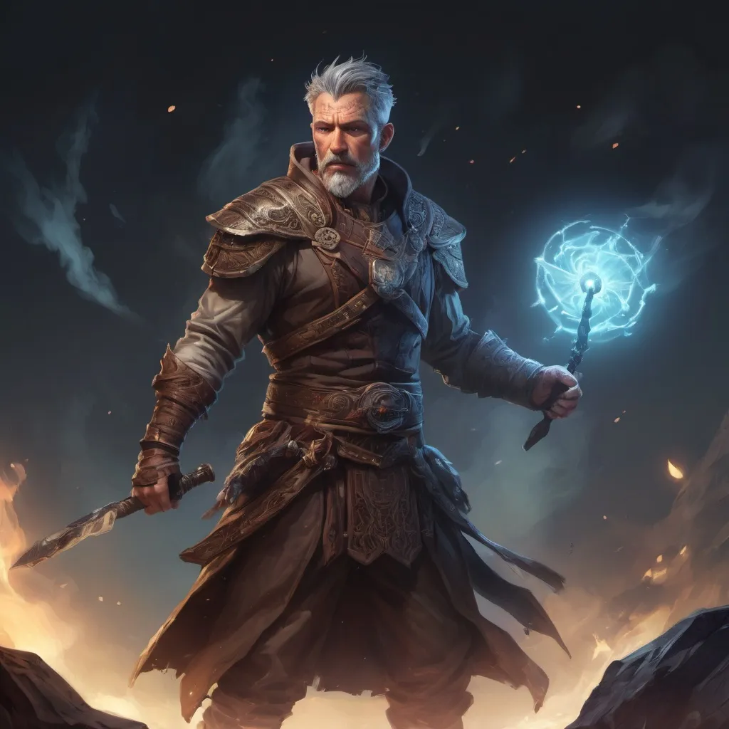 Male stocky mature shaman with short-cut hair and be...