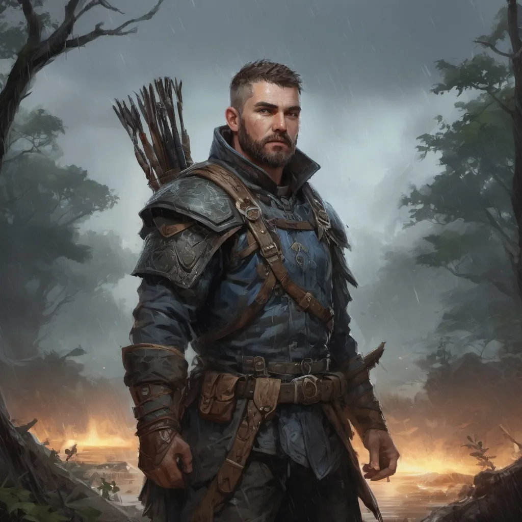 Male stocky heavy-set hunter-archer with short-cut h...