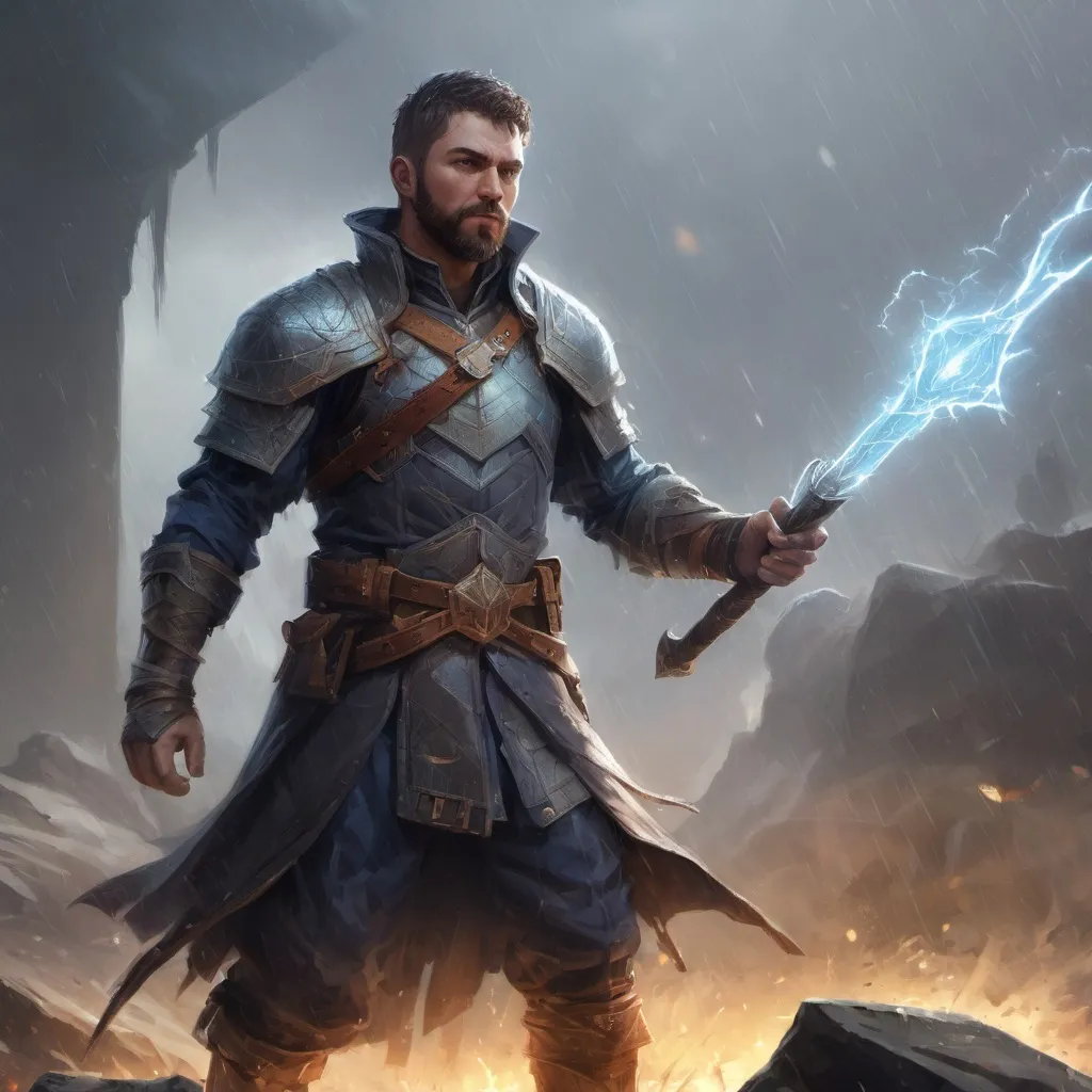 Male stocky large battle-mage with short-cut hair an...