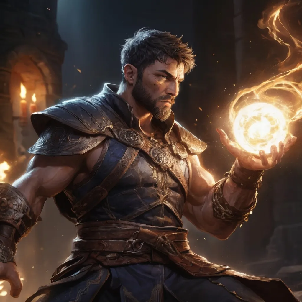 Male stocky large muscular battle-mage with short-cu...