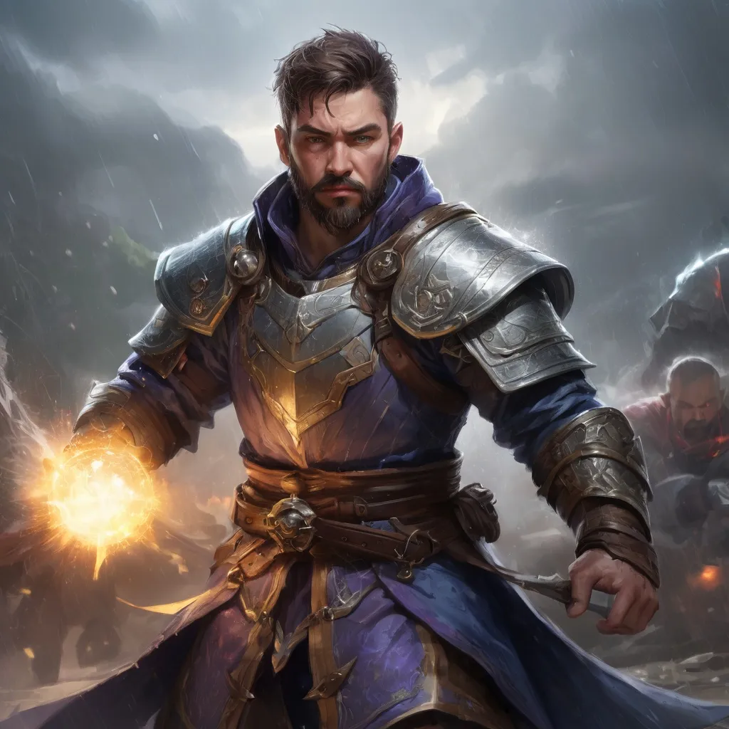 Male stocky large battle-mage with short-cut hair an...