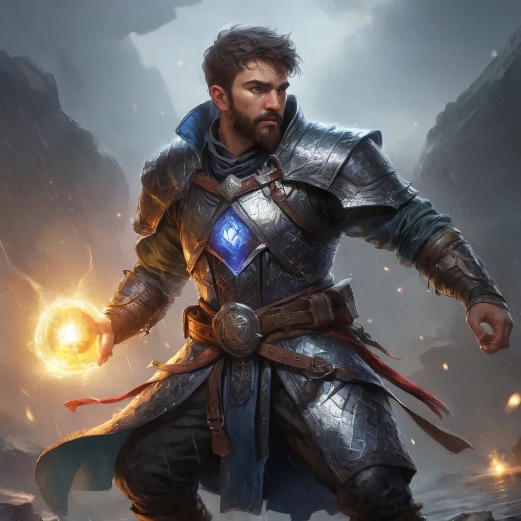 Male stocky large battle-mage with short-cut hair an...