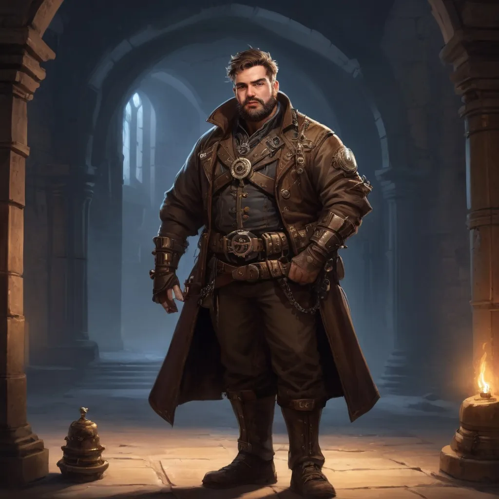 Male stocky heavy-set steampunk engineer with short-...