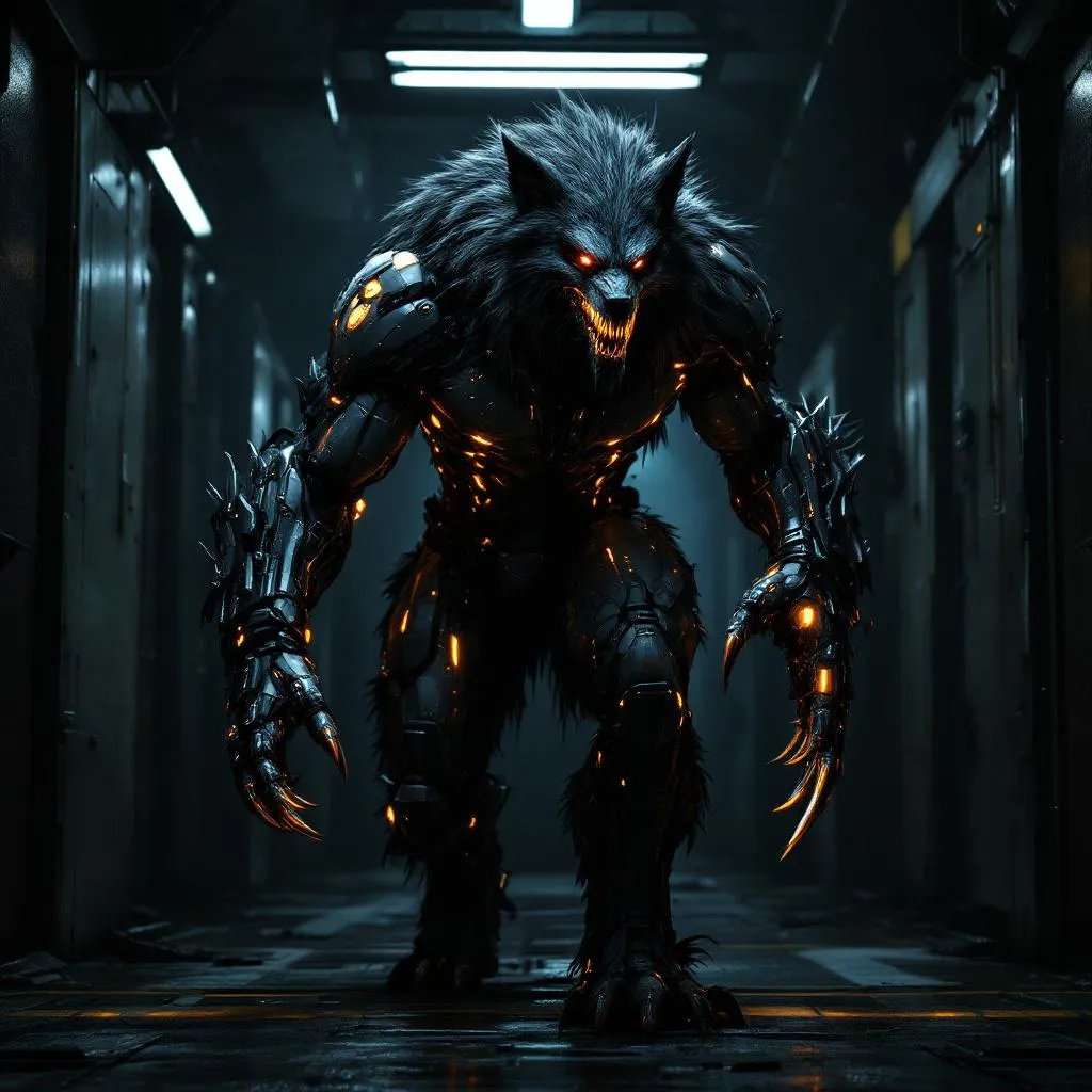 A cybernetically enhanced werewolf stands in a dark...