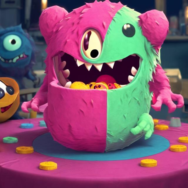 a pink pac-man shaped monster with 2 big eyes and lo...